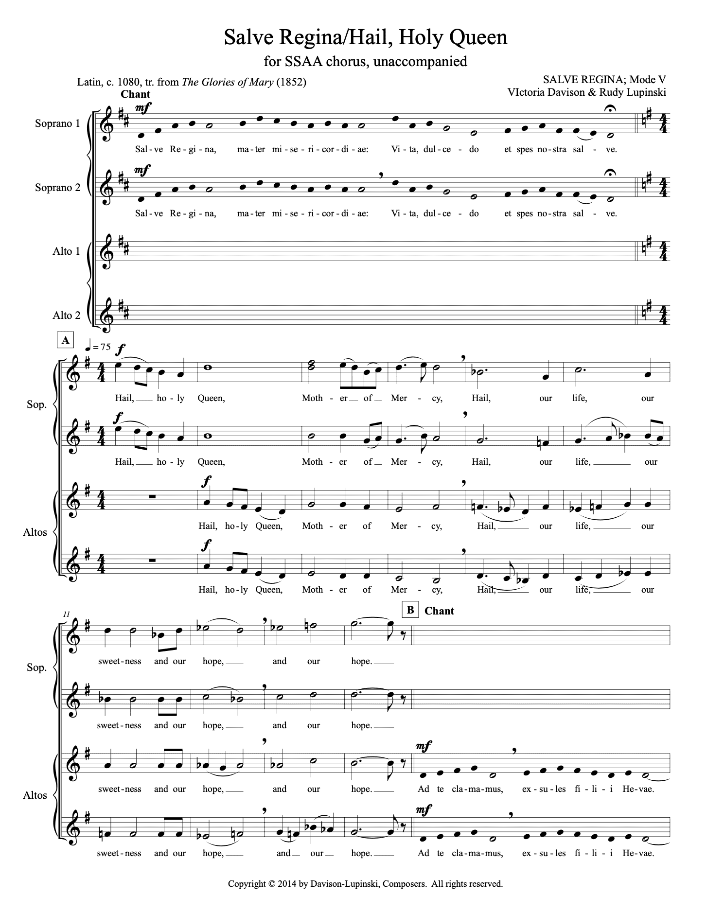 Salve Regina Hail Holy Queen – Victoria Davison & Rudy Lupinski Composers